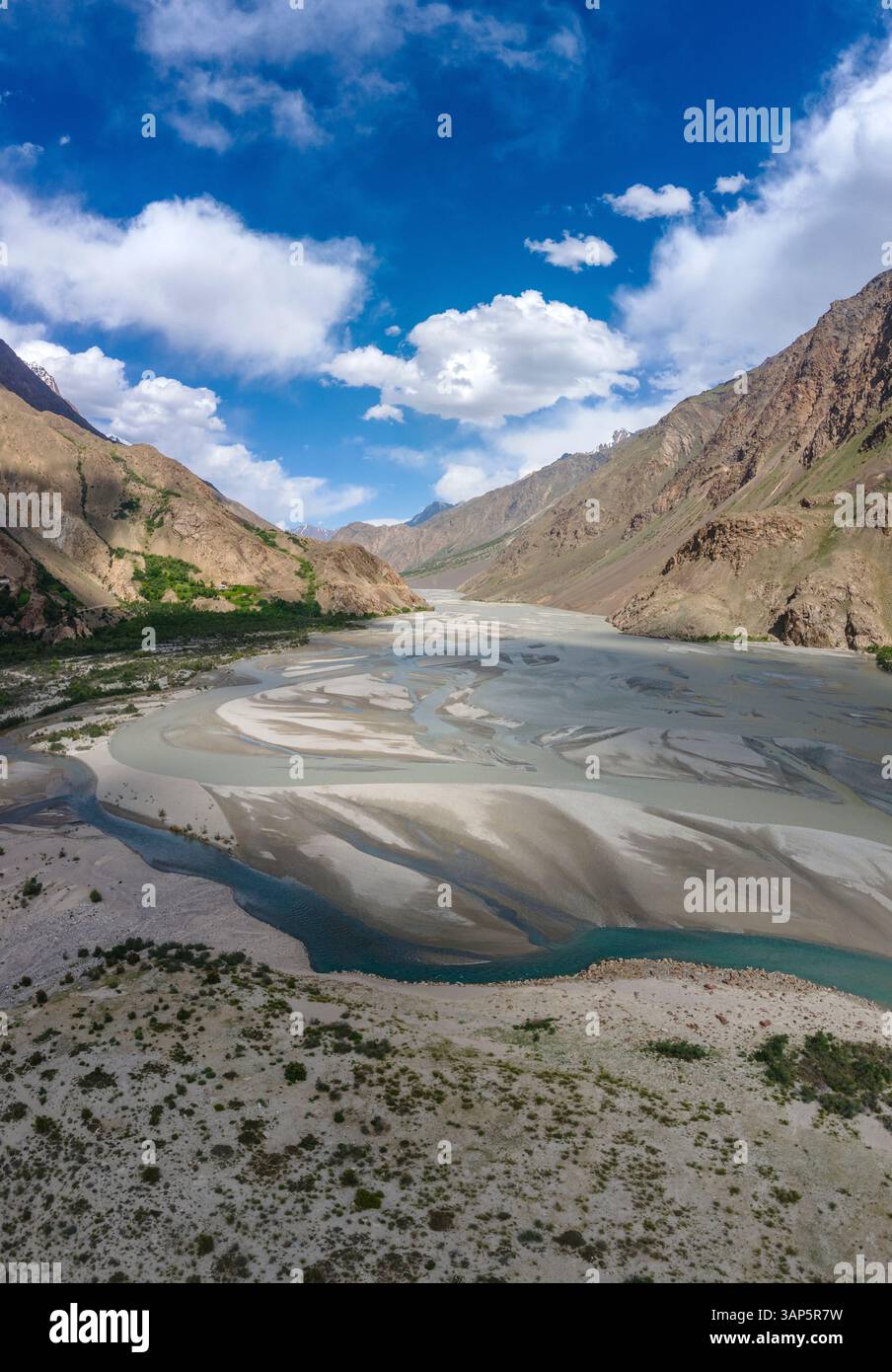 Aerial view of beautiful Broghil Valley National Park with serene river ...