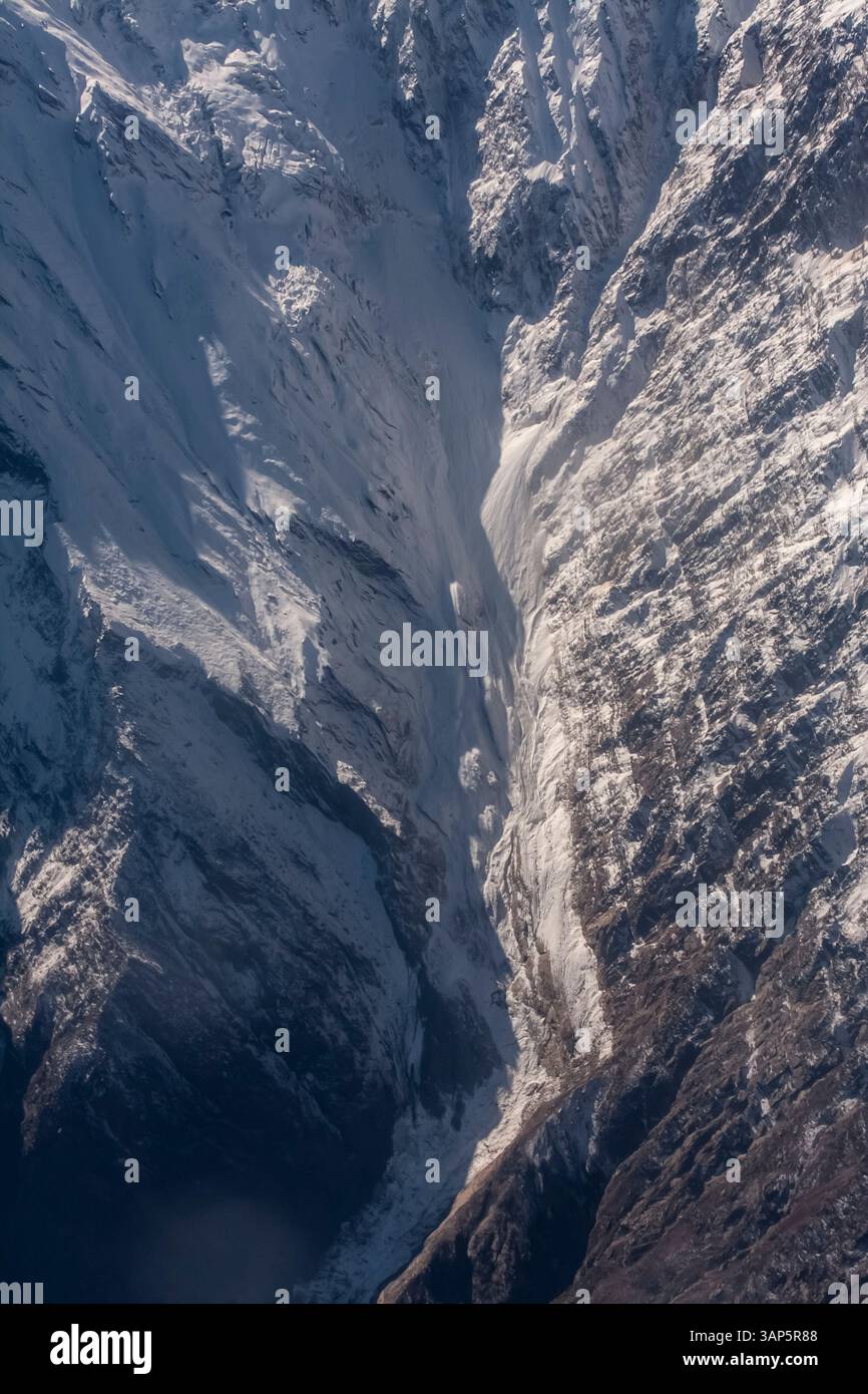 Aerial view of majestic snowy peaks and rugged terrain in the himalayan ...