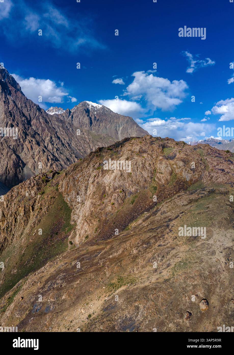 Aerial view of majestic mountain landscape with rugged terrain and ...