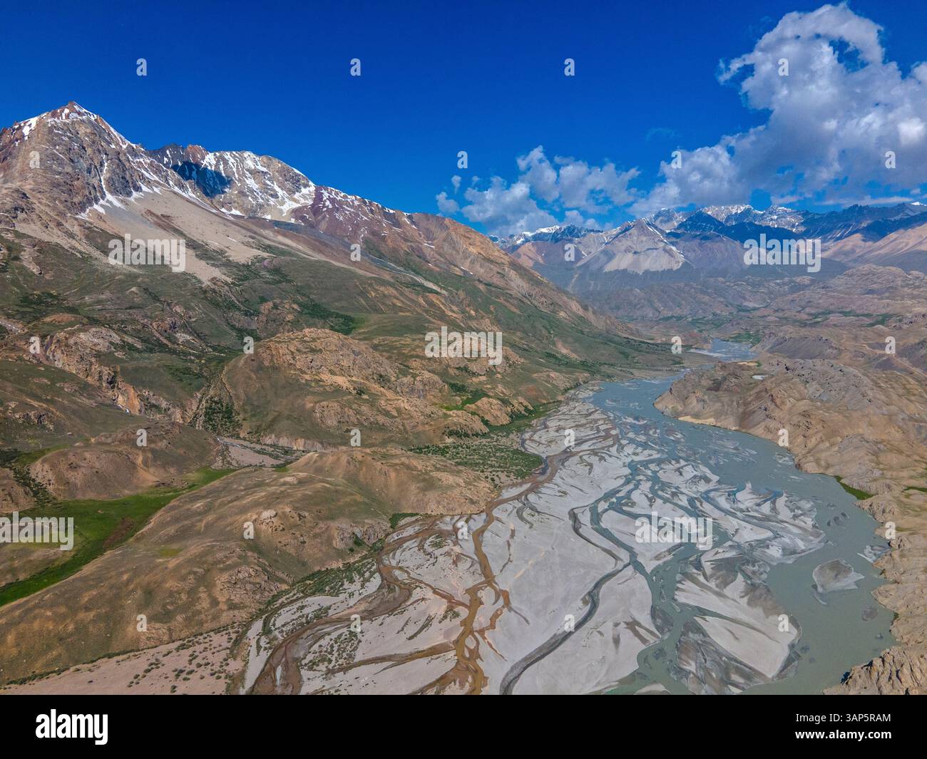 Aerial view of majestic mountains and a winding river in the serene ...