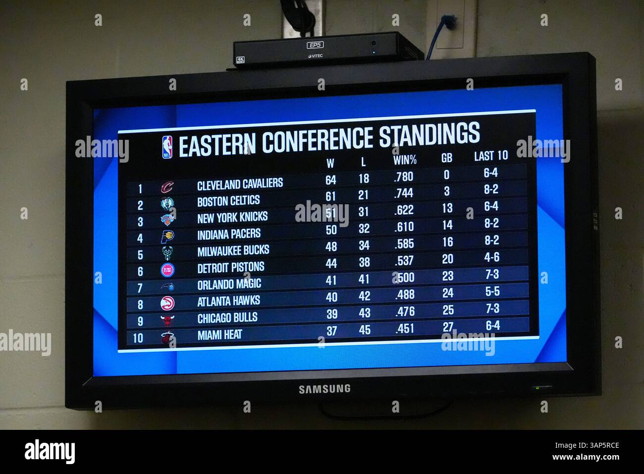 The NBA Eastern Conference standings are seen on a TV screen before an ...
