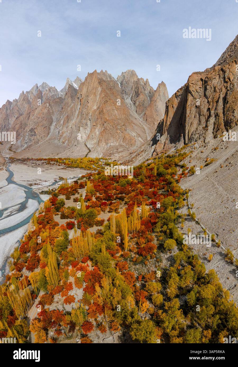 Aerial view of khorkundus valley with autumn colors and a river flowing ...