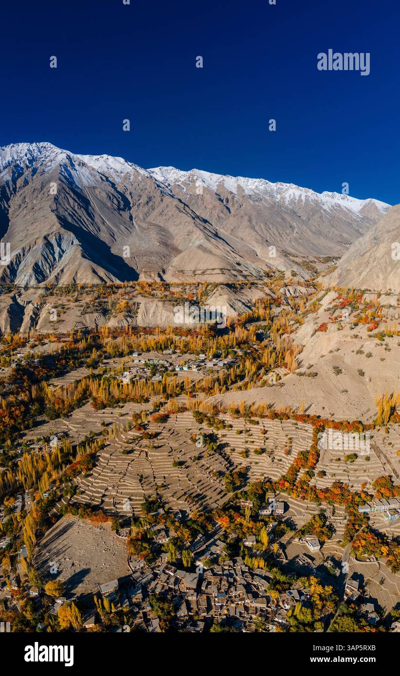 Aerial view of picturesque Machlu Valley with terraced fields and a ...