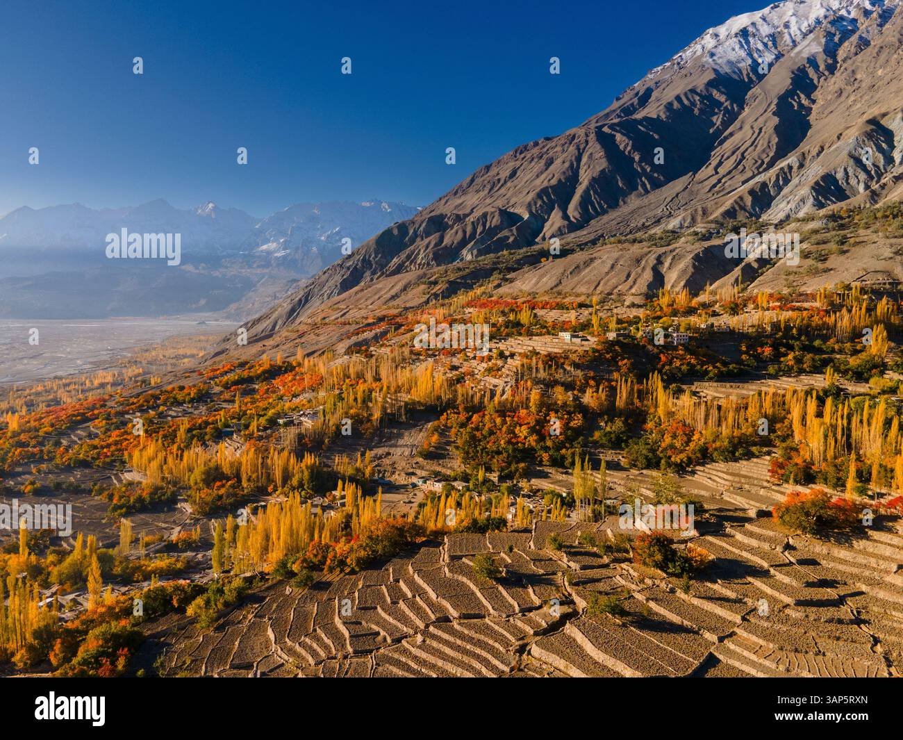 Aerial view of serene Machlu Valley with vibrant autumn colors and ...