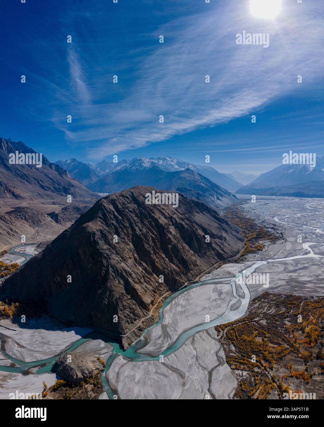 Aerial view of breathtaking Machlu Valley with a winding river and ...