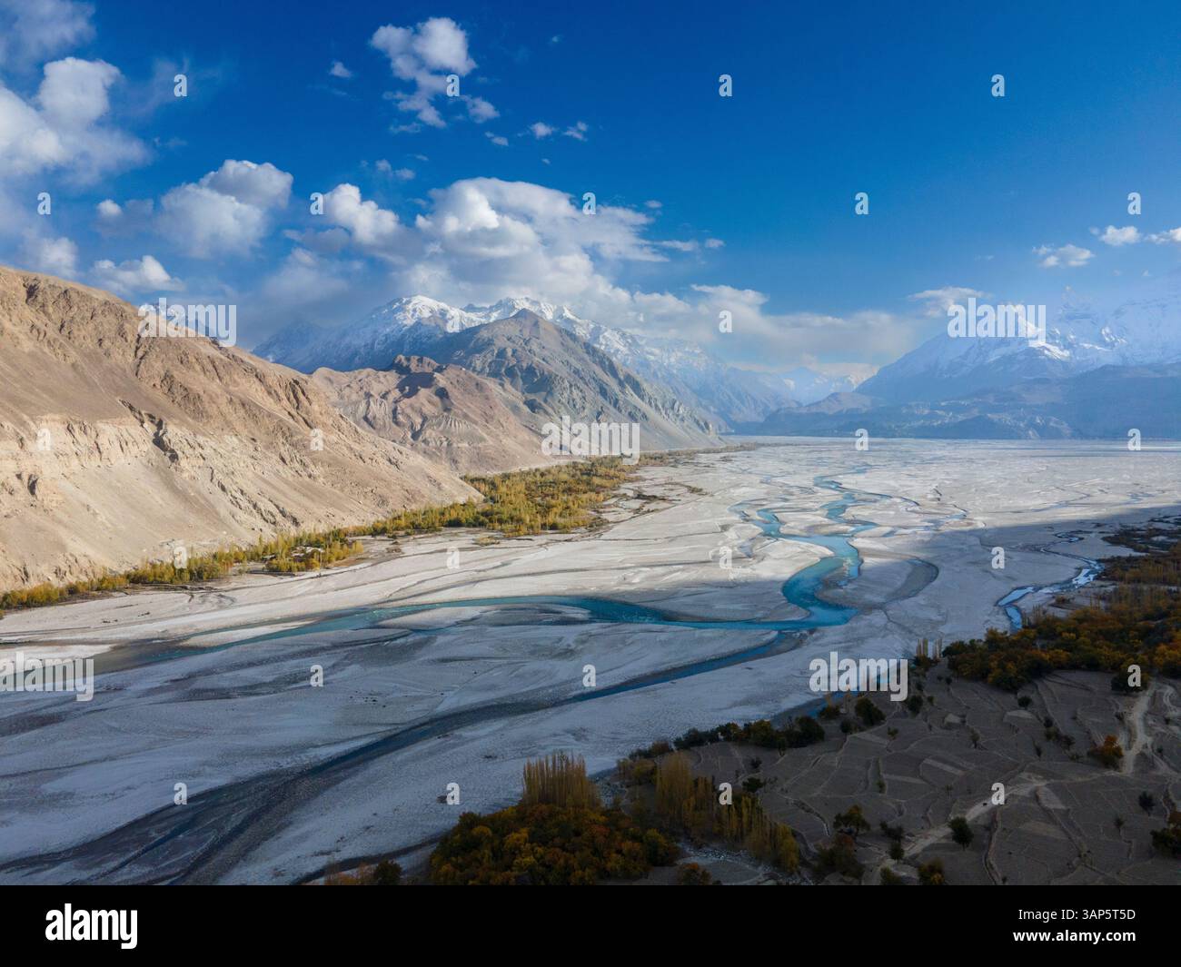 Aerial view of majestic mountains and serene valley at Machulo La ...