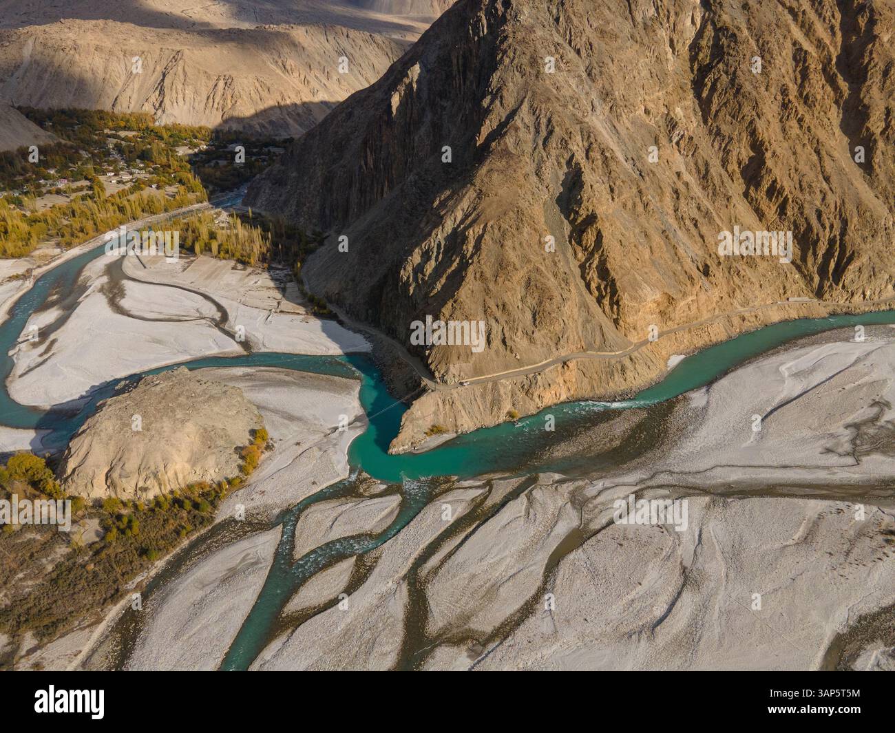 Aerial view of winding river through rocky terrain in Machulo La ...