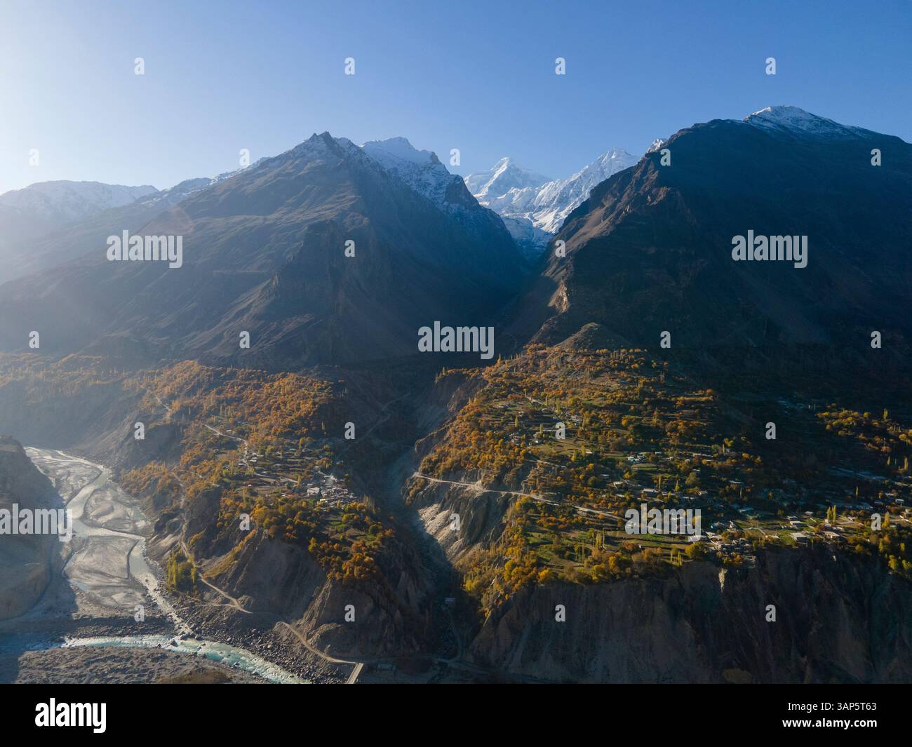 Aerial view of majestic Hunza Valley with river and mountains ...