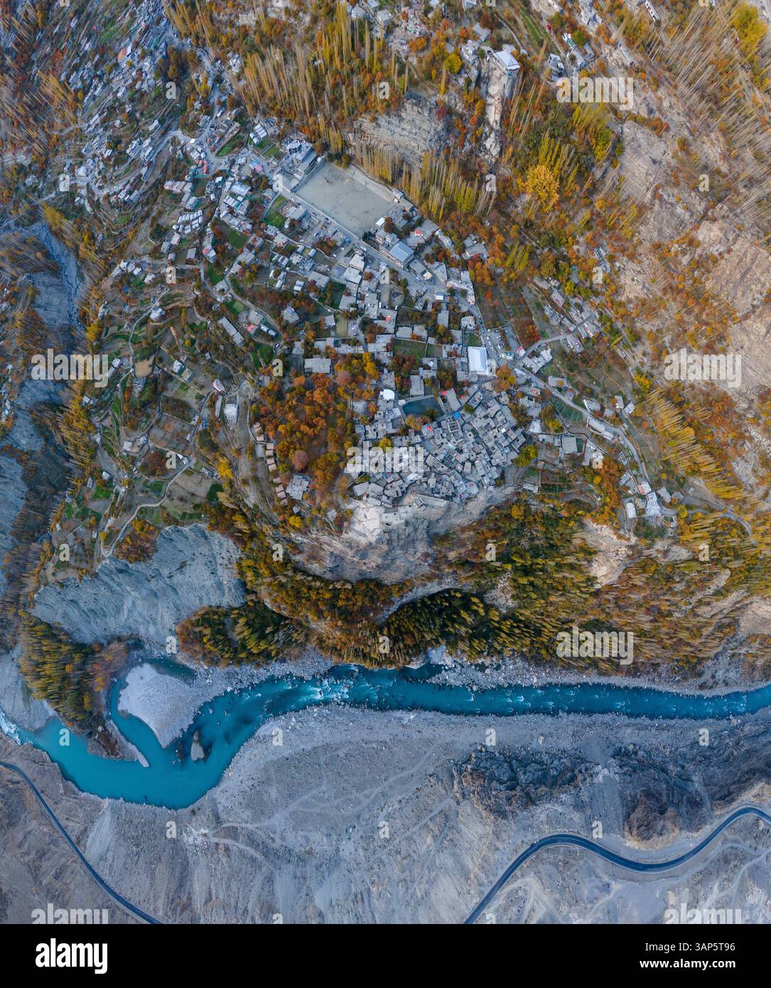 Aerial view of picturesque Hunza Valley with river, mountains, village ...