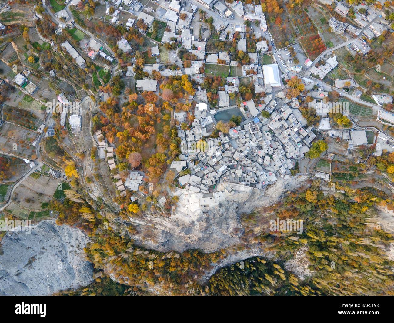 Aerial view of village with buildings, trees, and terraced fields in ...