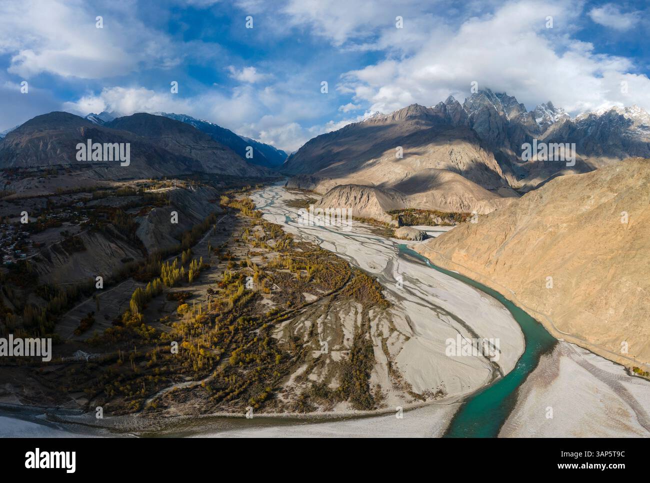 Aerial view of snow-covered Himalayan mountains and river at Machulo La ...