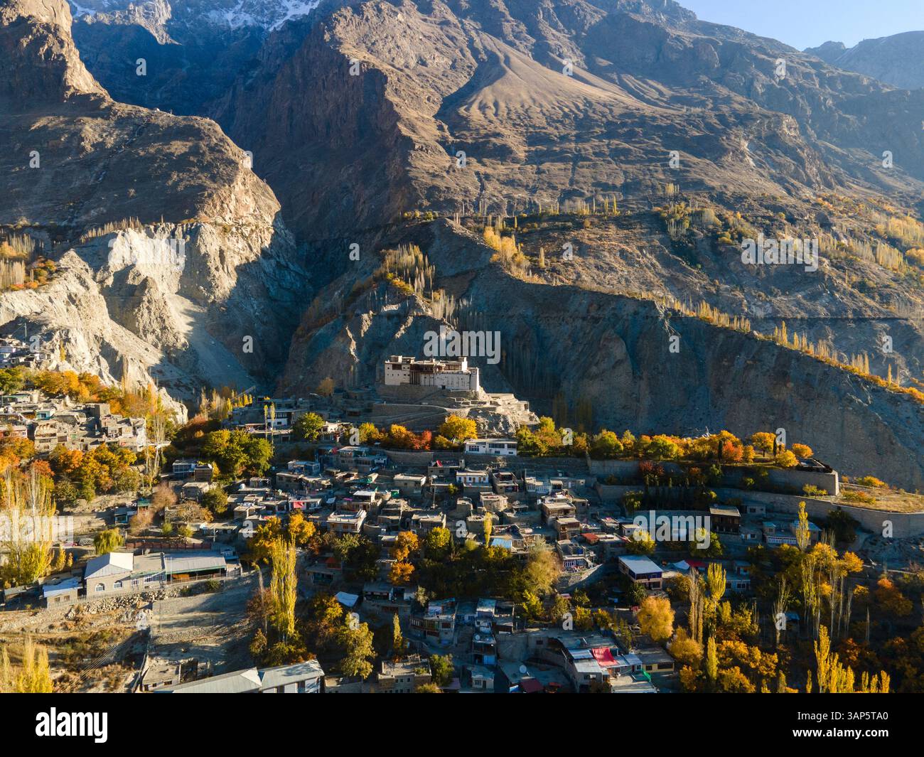 Aerial view of scenic Himalayan village with historical fort and ...