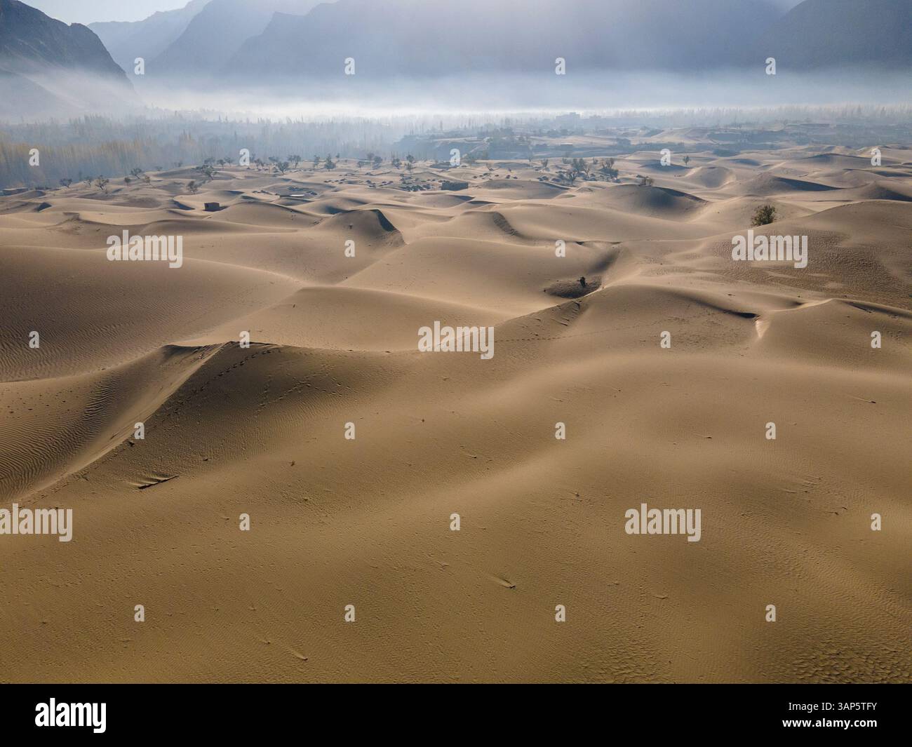 Aerial view of Katpana Desert with sand dunes and mountains, Skardu ...