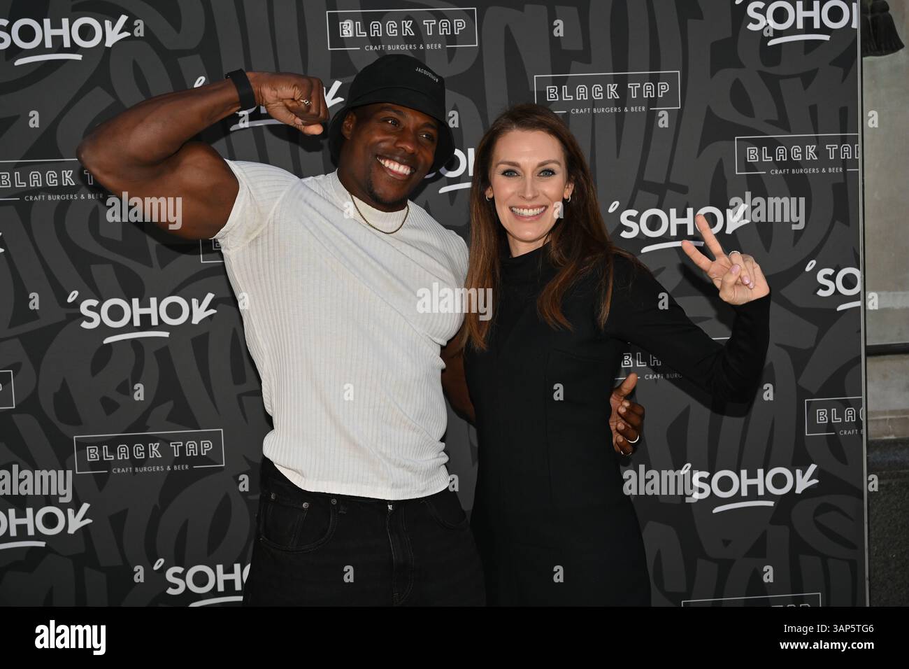 LONDON, ENGLAND - APRIL 15 2025: Kris Barnes and Miglena Ivanova attends The black carpet for ...