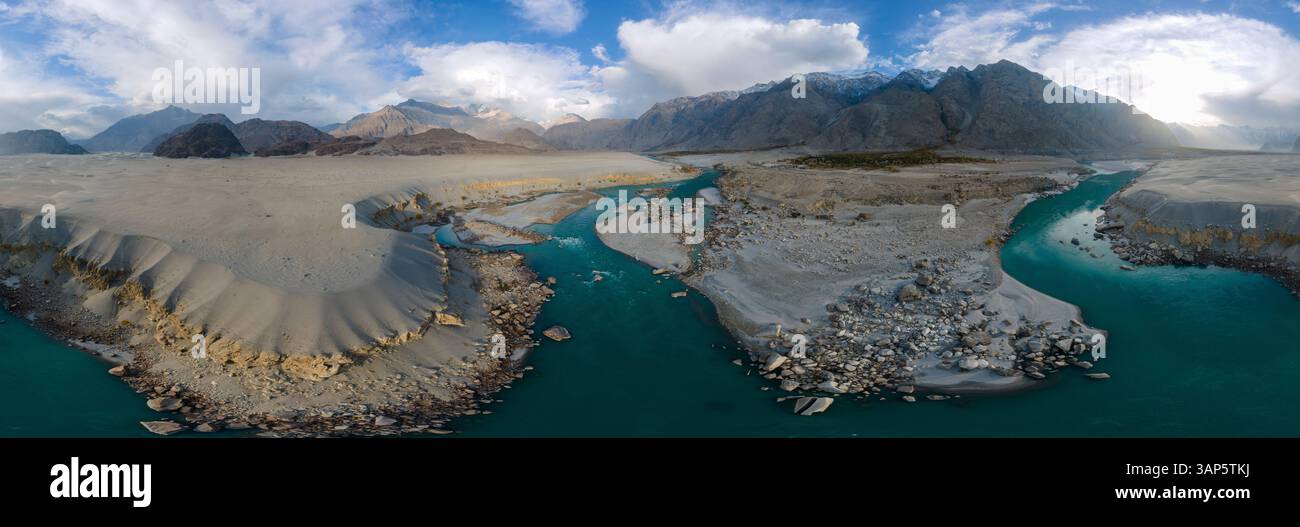 Aerial view of Sarfaranga Cold Desert Shigar with river and mountains ...