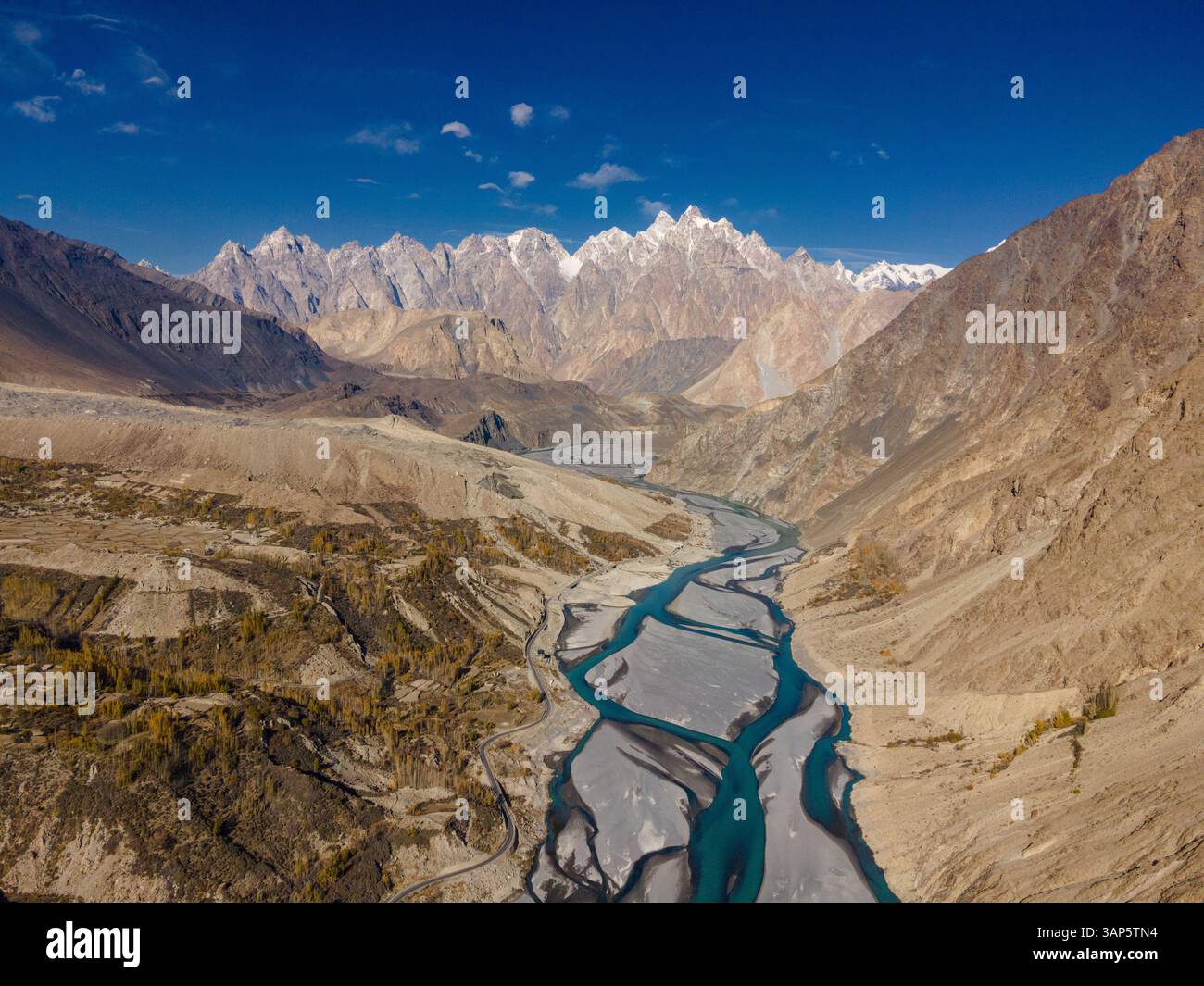 Aerial view of majestic Hunza Valley with Hunza River, Gilgit-Baltistan ...