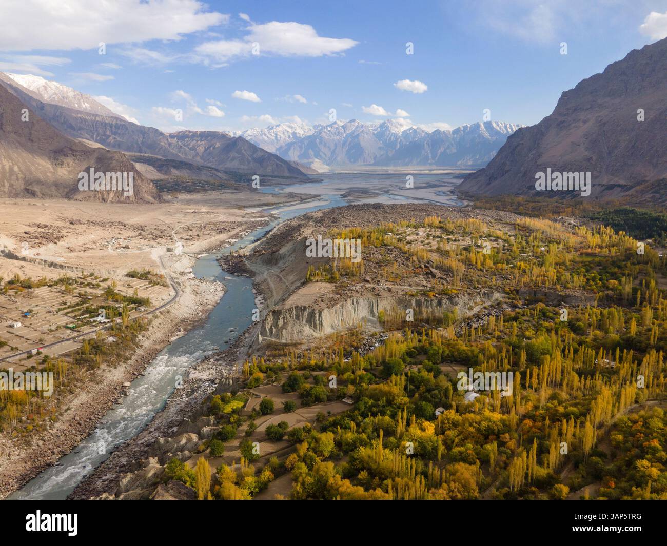 Aerial view of majestic Hunza Valley with Indus River and autumn ...