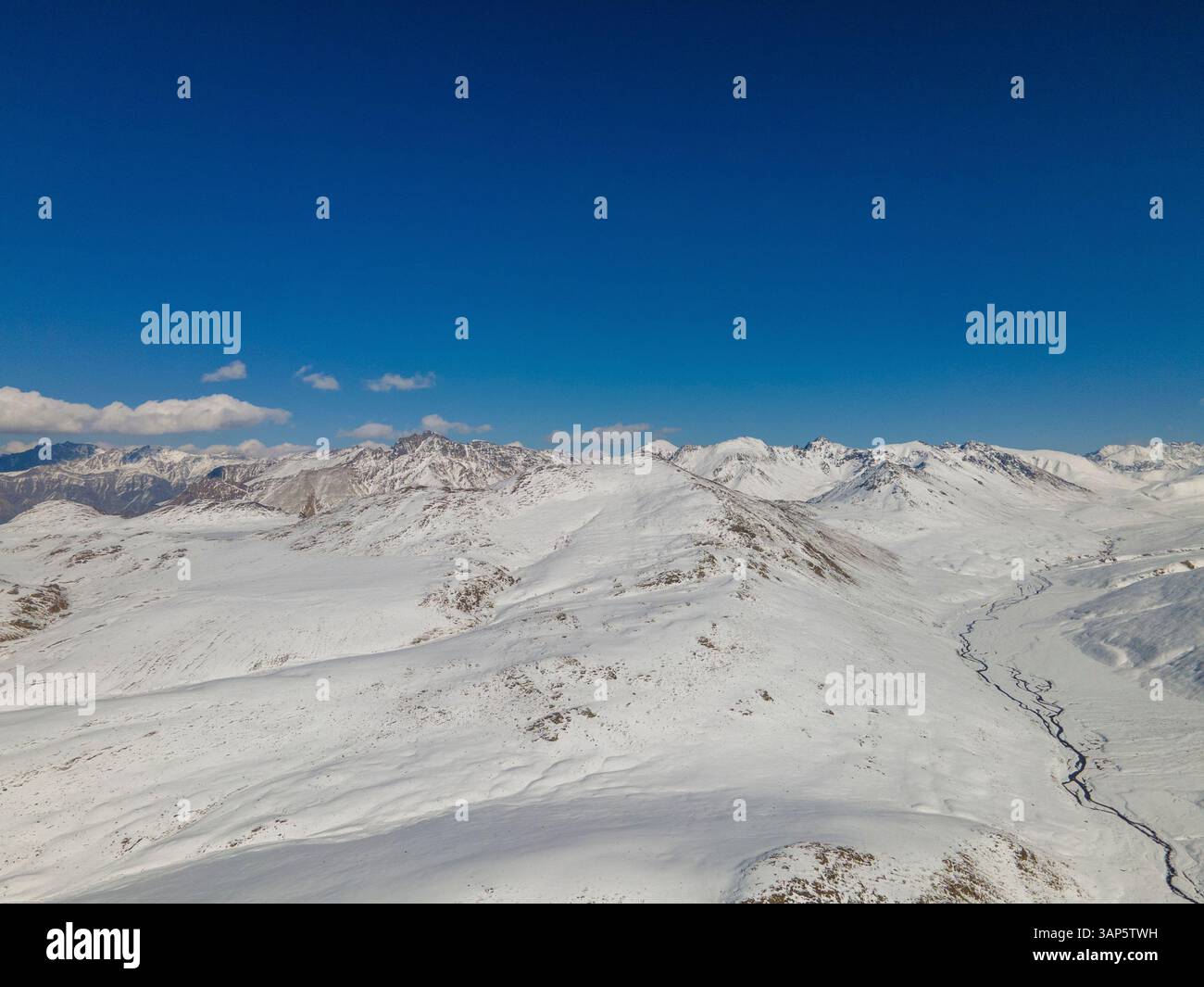 Aerial view of pristine snowy mountains in Deosai National Park, Gilgit ...