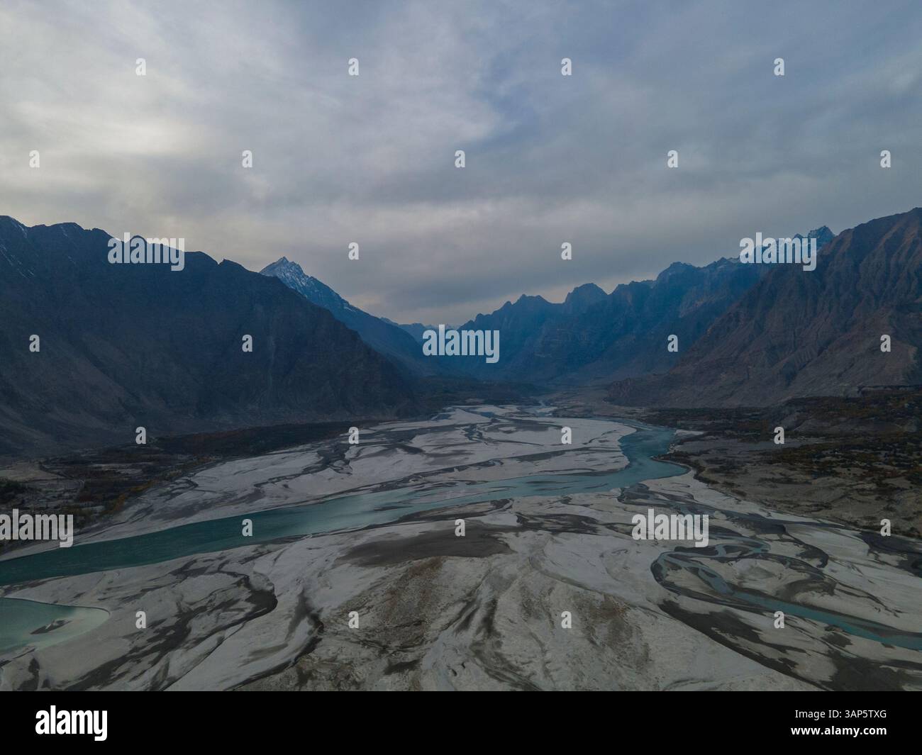 Aerial view of majestic Himalayan mountains and Indus River, Skardu ...