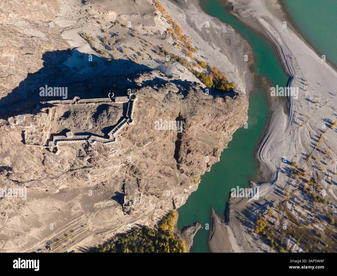 Aerial view of Kharpocho Fort, river, rocky terrain, cliff, valley ...