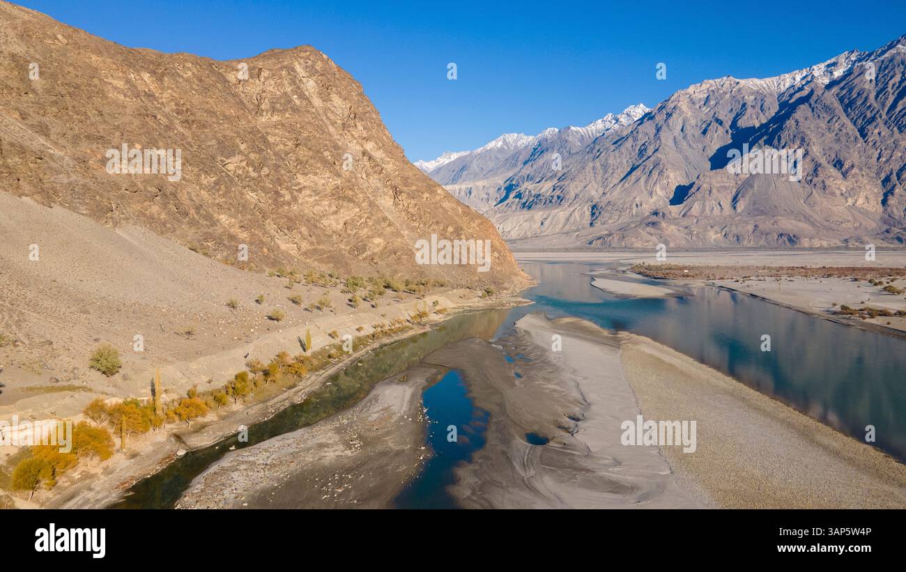 Aerial view of Himalayan mountain range with Indus River, Skardu ...