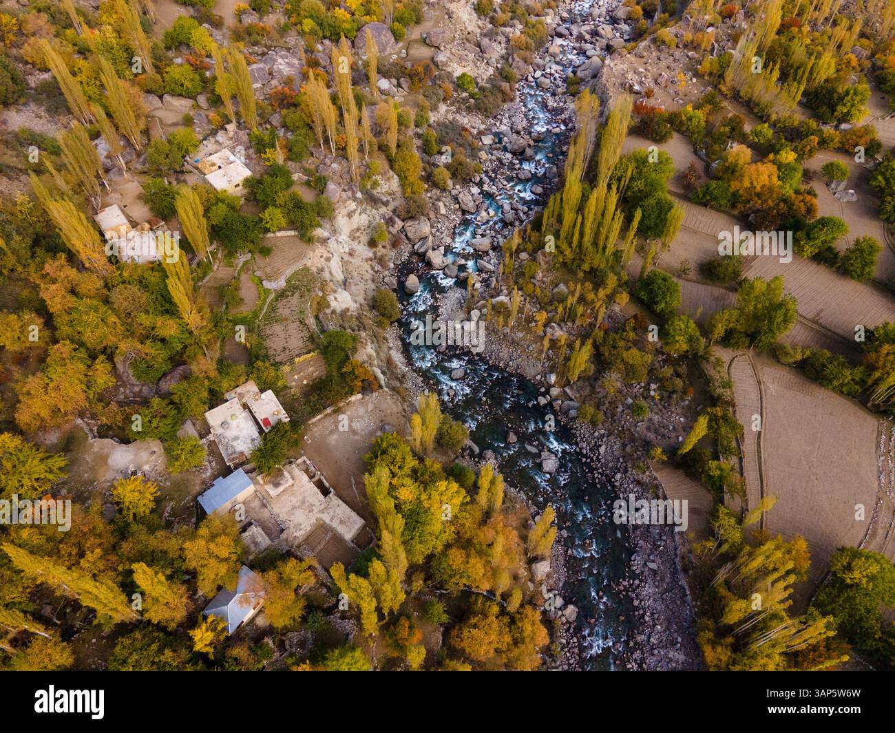 Aerial view of Indus River flowing through forested mountains and ...