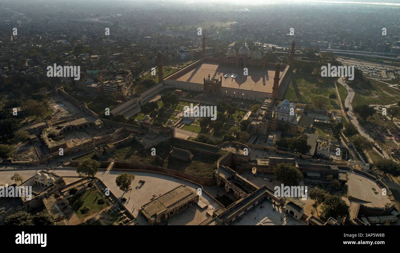 Aerial view of historic Walled city with mosque and fort, Lahore ...