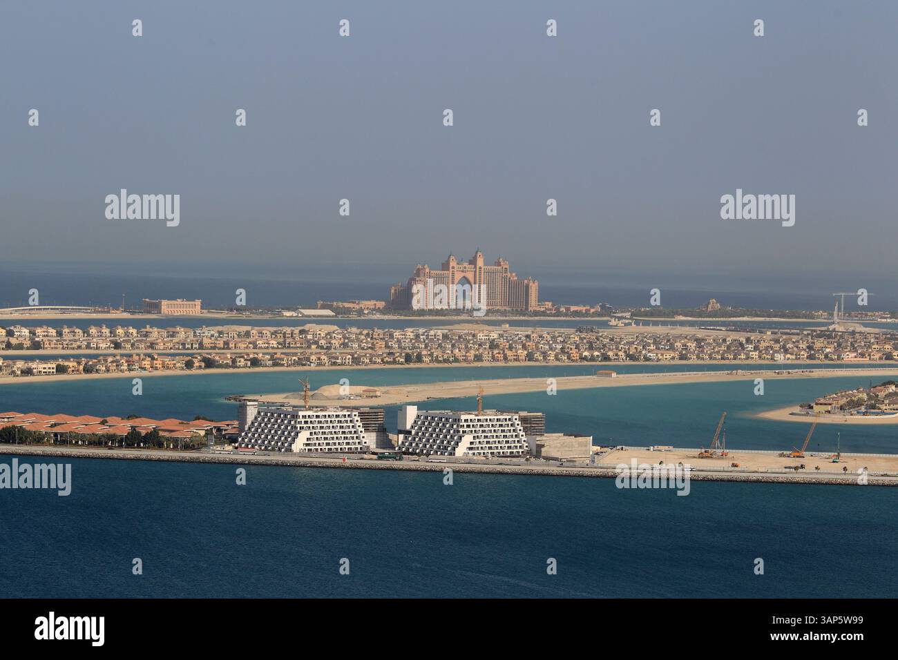 Aerial view of Palm Islands, Palm Jumeirah, Atlantis The Royal, sea ...