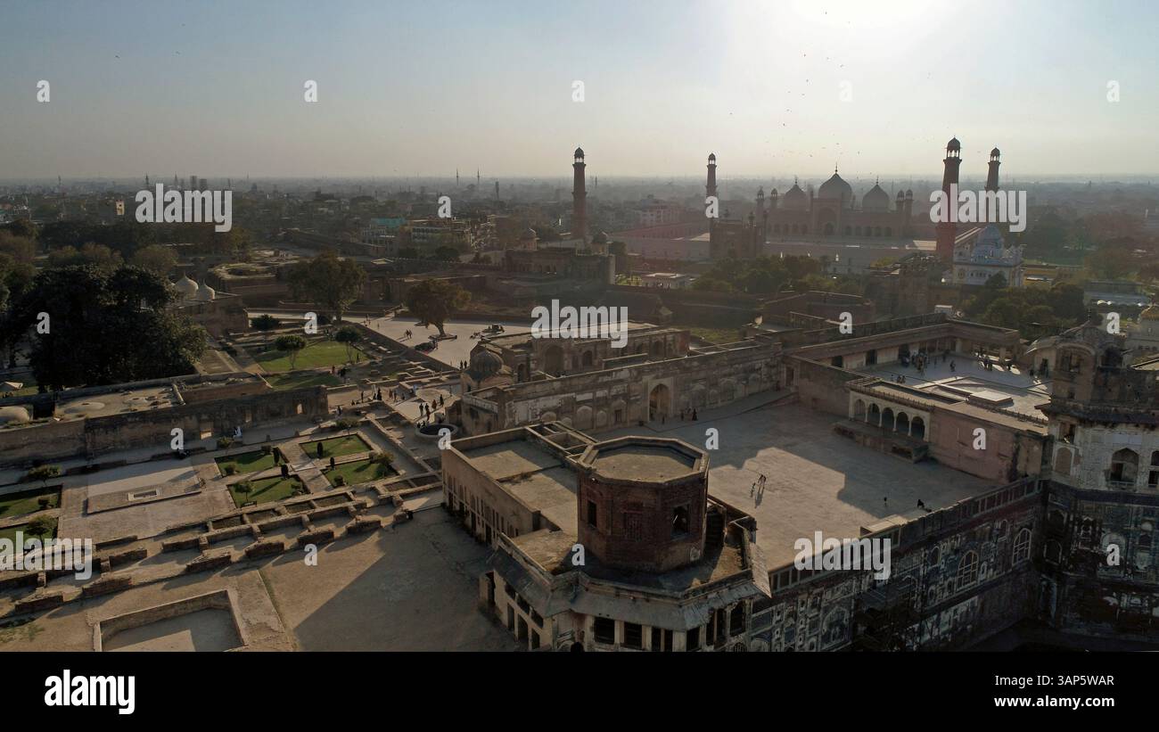 Aerial view of historic buildings, fort, mosque, minarets, and garden ...