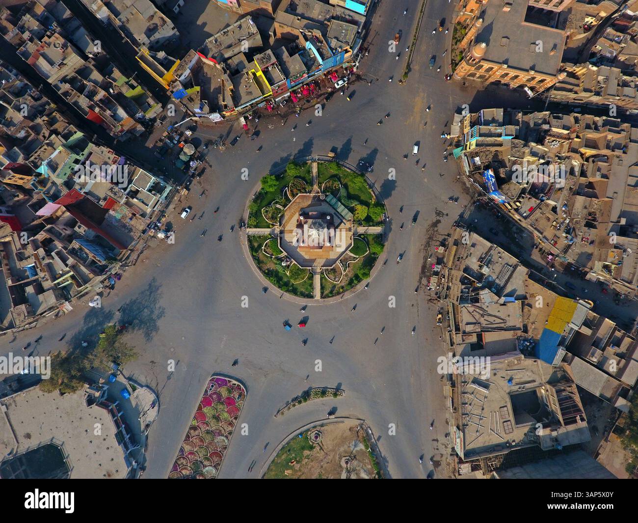 Aerial view of roundabout, buildings, roads, city, Multan, Punjab ...