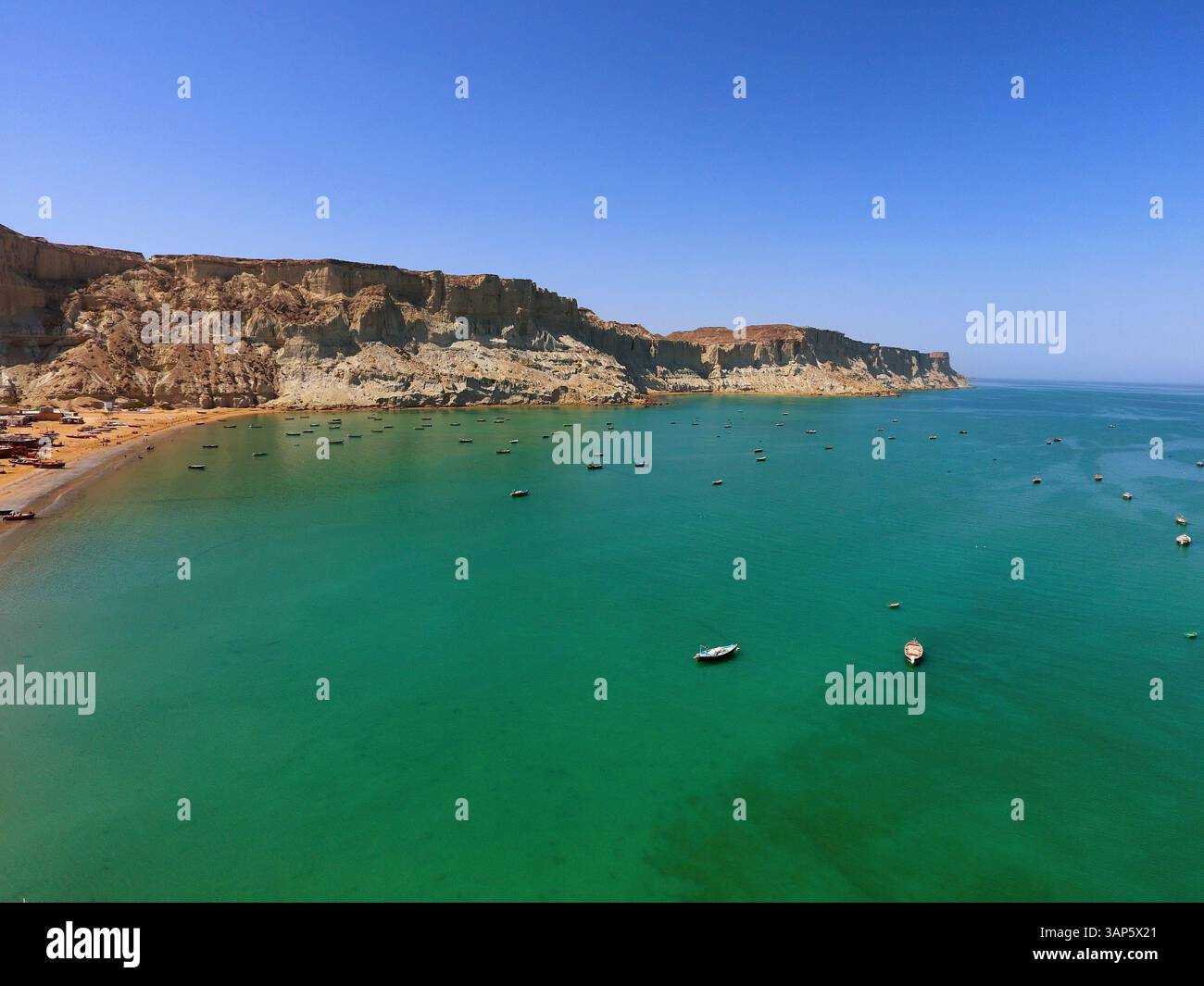 Aerial view of remote and pristine coast with turquoise sea, Gwadar ...
