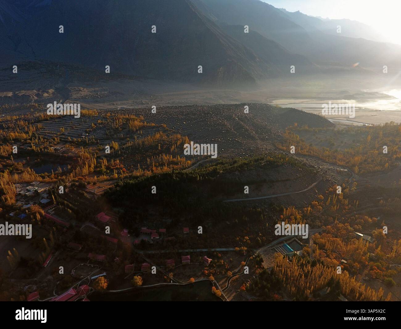 Aerial view of majestic mountains and tranquil valley at Shangri-La ...