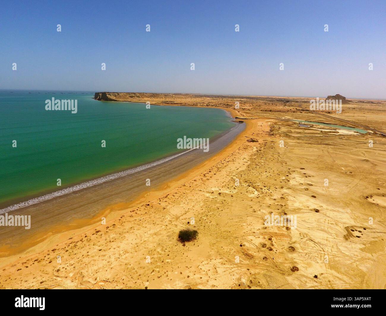 Aerial view of remote desert coastline along Paddi Zirr Gulf, Gwadar ...