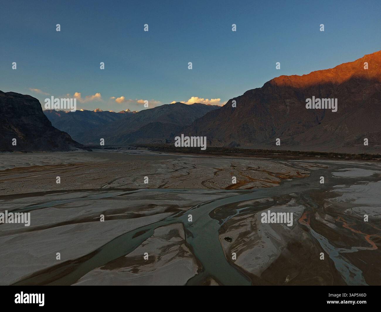 Aerial view of Cold Desert at sunset with majestic Himalayan mountains ...