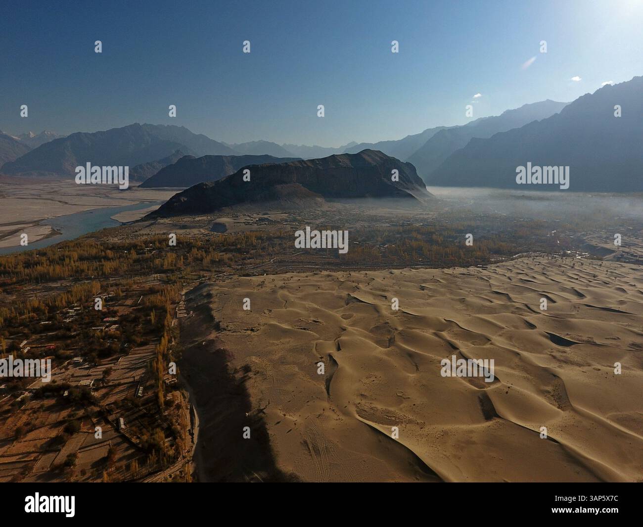 Aerial view of Katpana Desert with mountains and sand dunes, Gilgit ...
