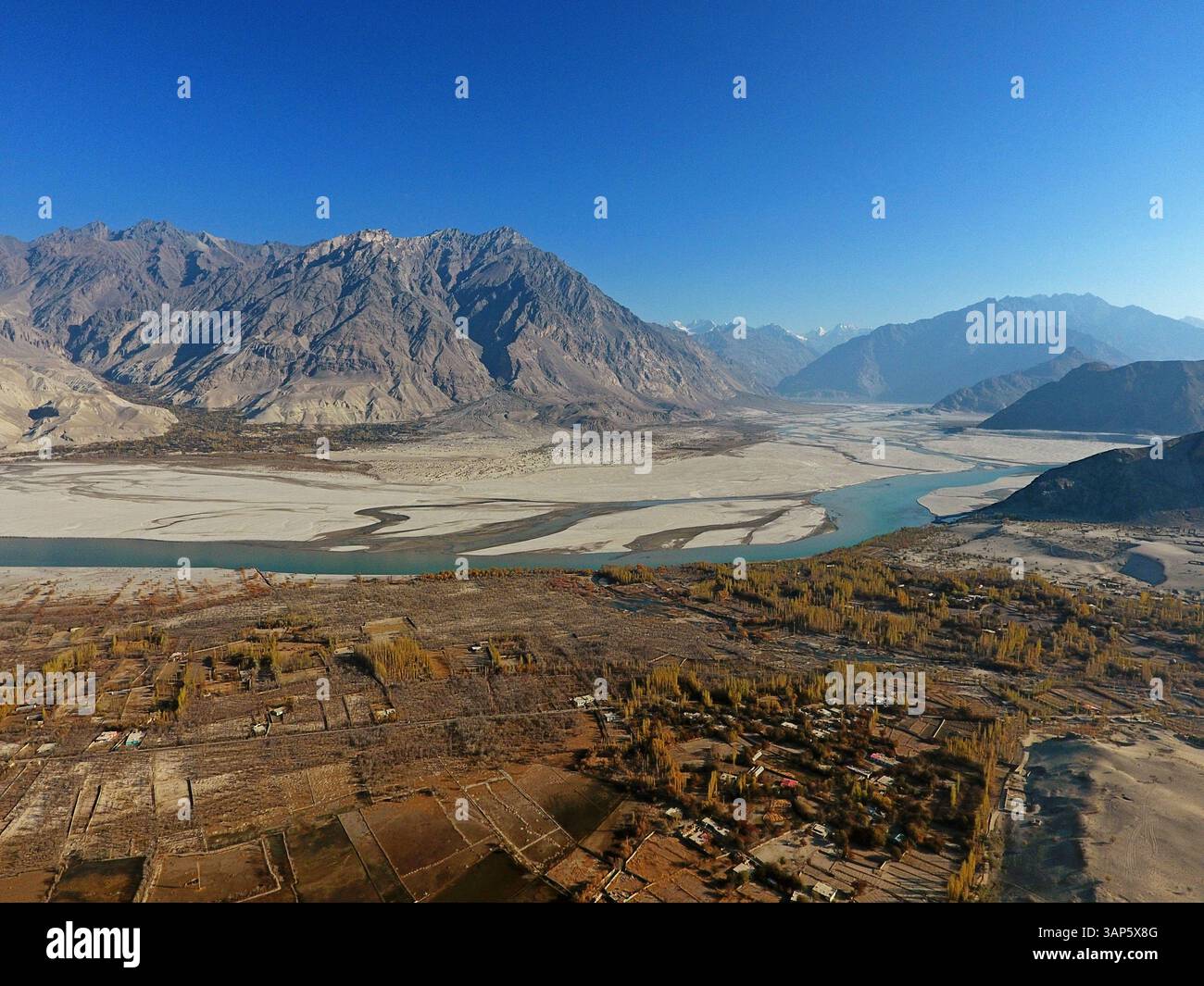 Aerial view of majestic Himalayas and serene river in Hunza Valley ...