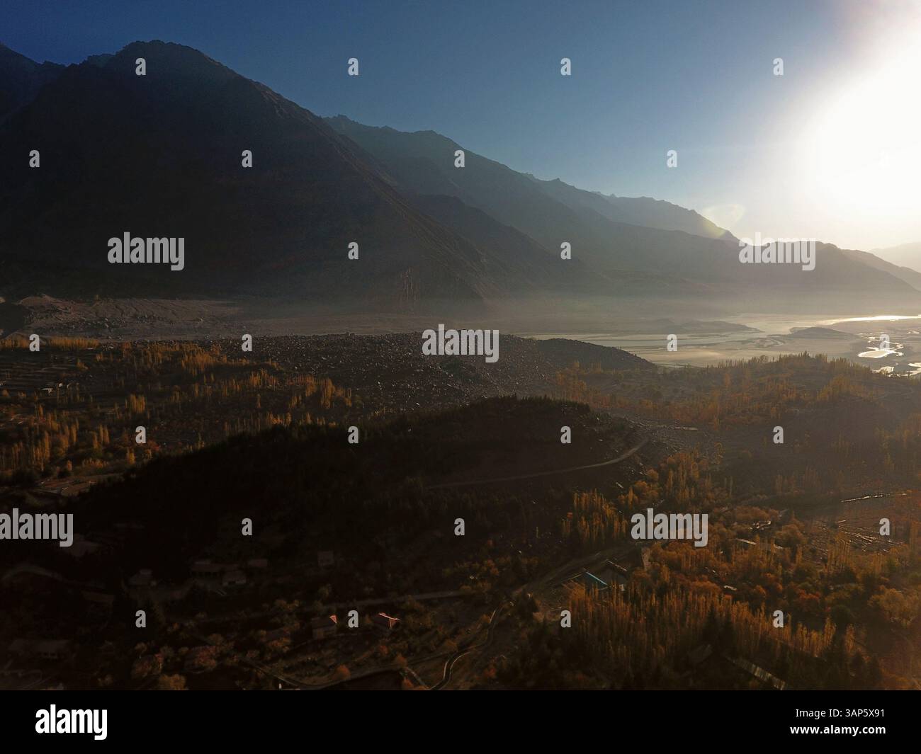 Aerial view of Shangri-La valley in autumn morning mist, Gilgit ...