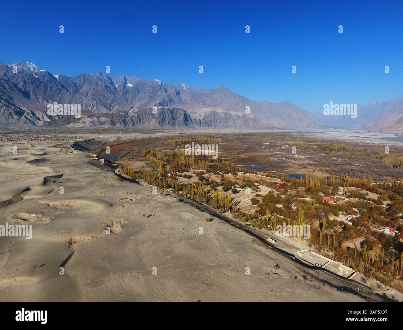 Aerial view of Katpana Desert with mountains and sand dunes, Gilgit ...