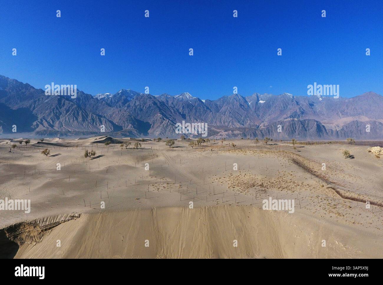 Aerial view of Katpana Desert with sand dunes and majestic mountains ...