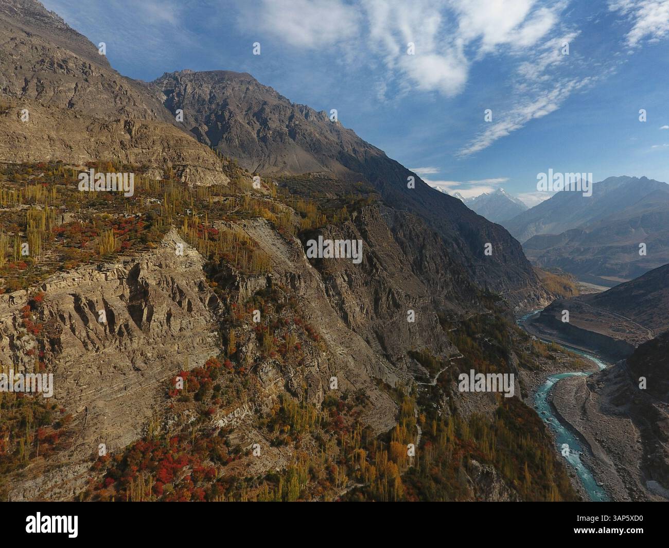 Aerial view of majestic Himalayan mountains and serene Hopar Valley ...