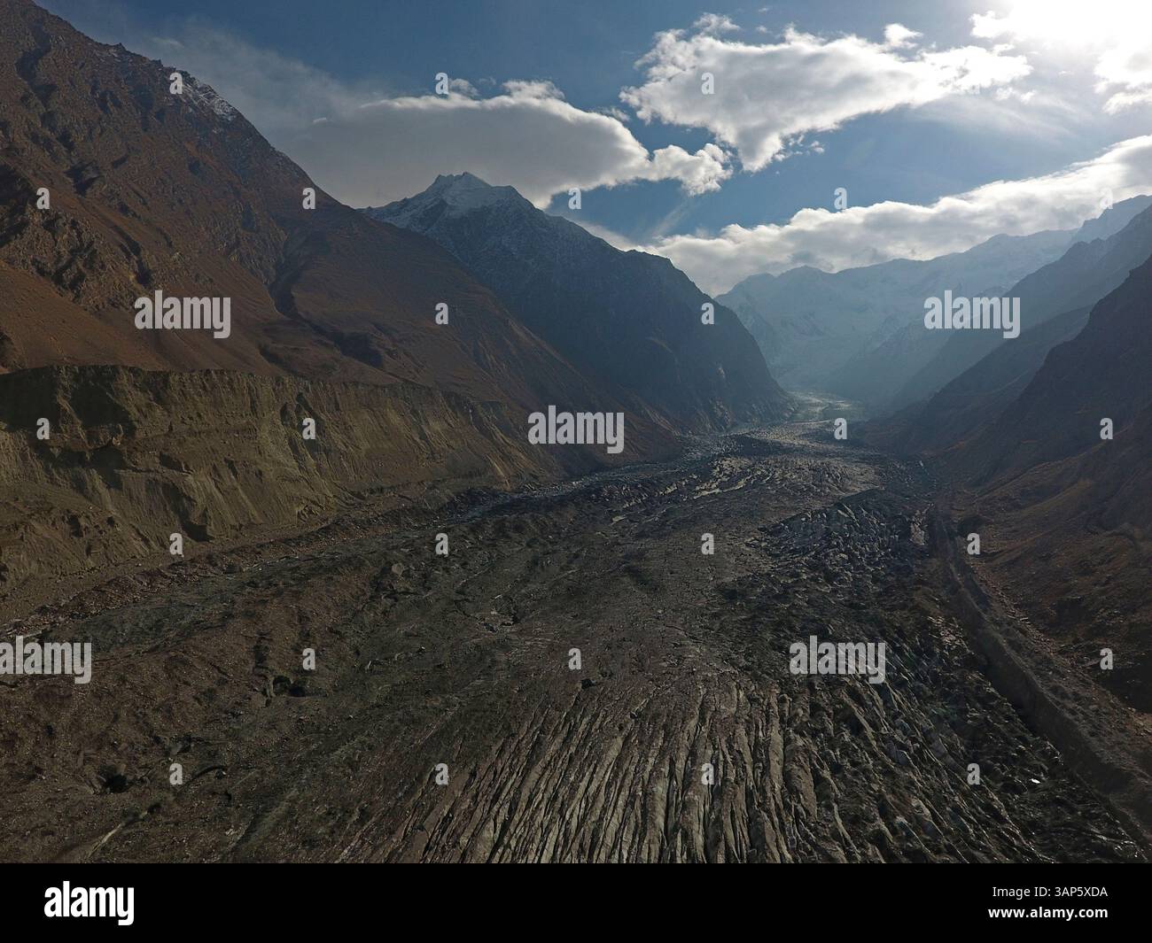 Aerial view of majestic Himalayan mountains and glacier in Hopar Valley ...