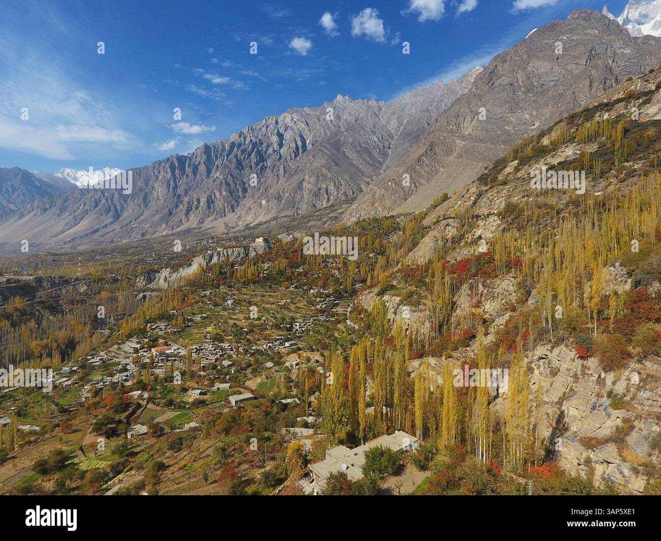 Aerial view of picturesque Hopar Valley surrounded by Himalayas and ...