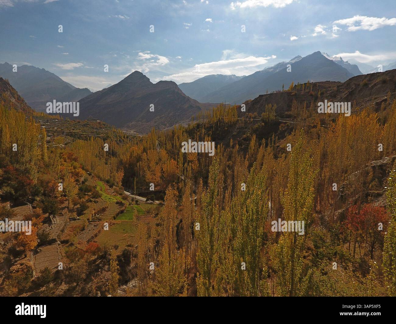Aerial view of vibrant autumn foliage in Hopar Valley, Nagar Valley ...