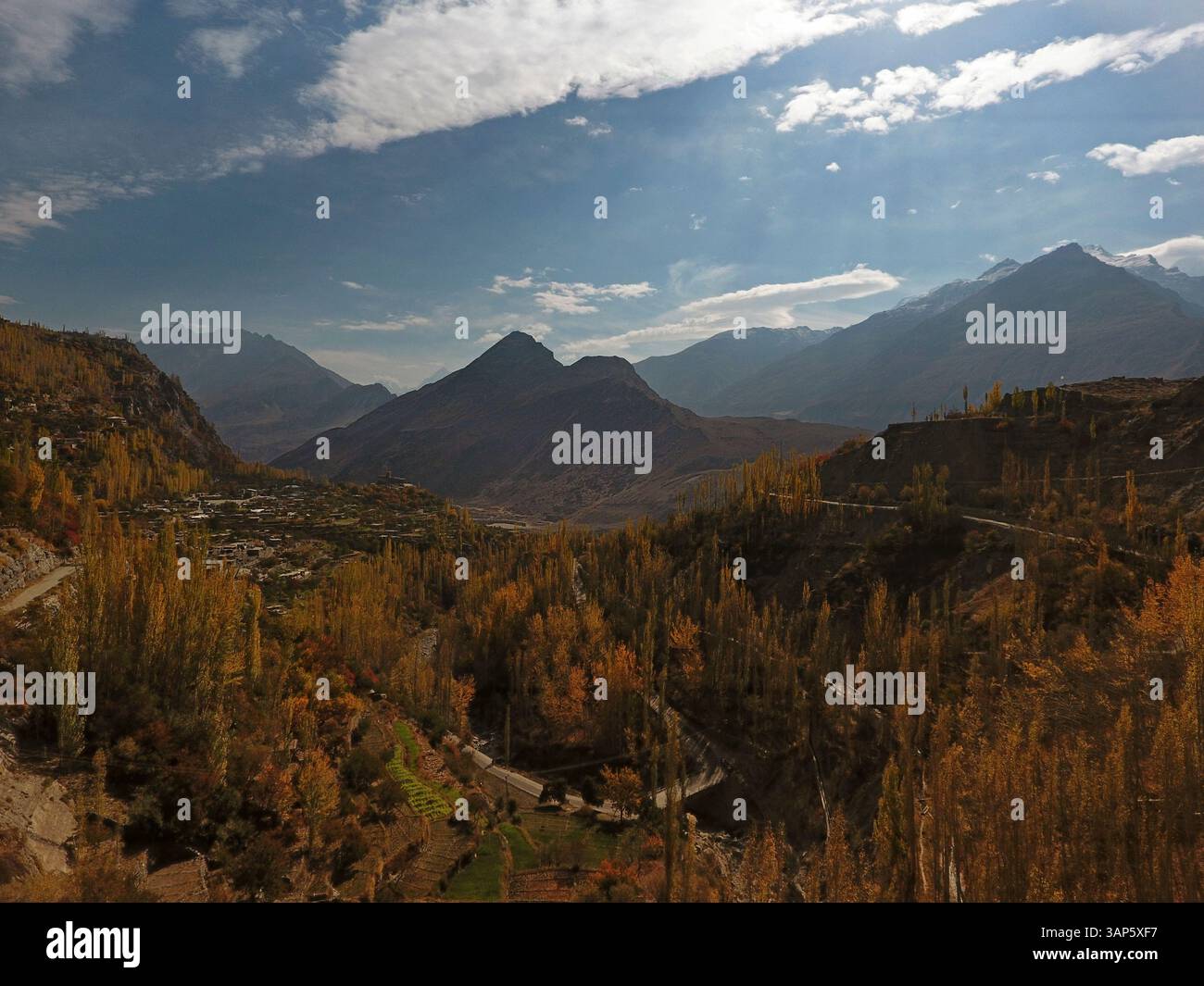 Aerial view of Majestic Hopar Valley surrounded by Himalayas in Autumn ...