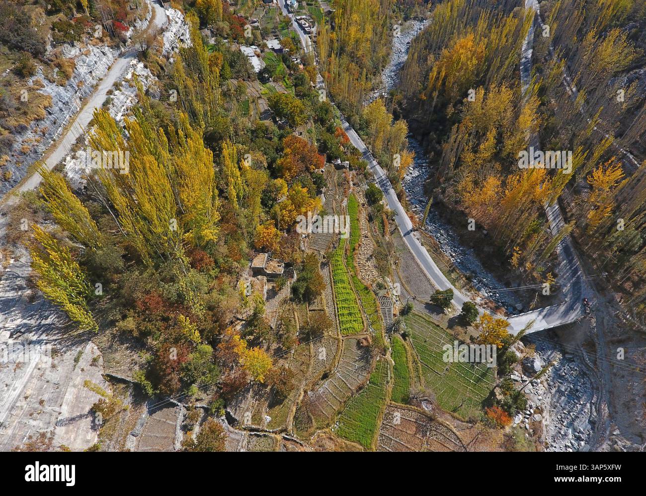 Aerial view of vibrant autumn colors in Hopar Valley, Nagar Valley ...