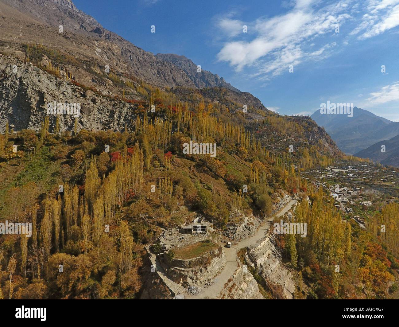 Aerial view of majestic autumn landscape in Hopar Valley and Nagar ...