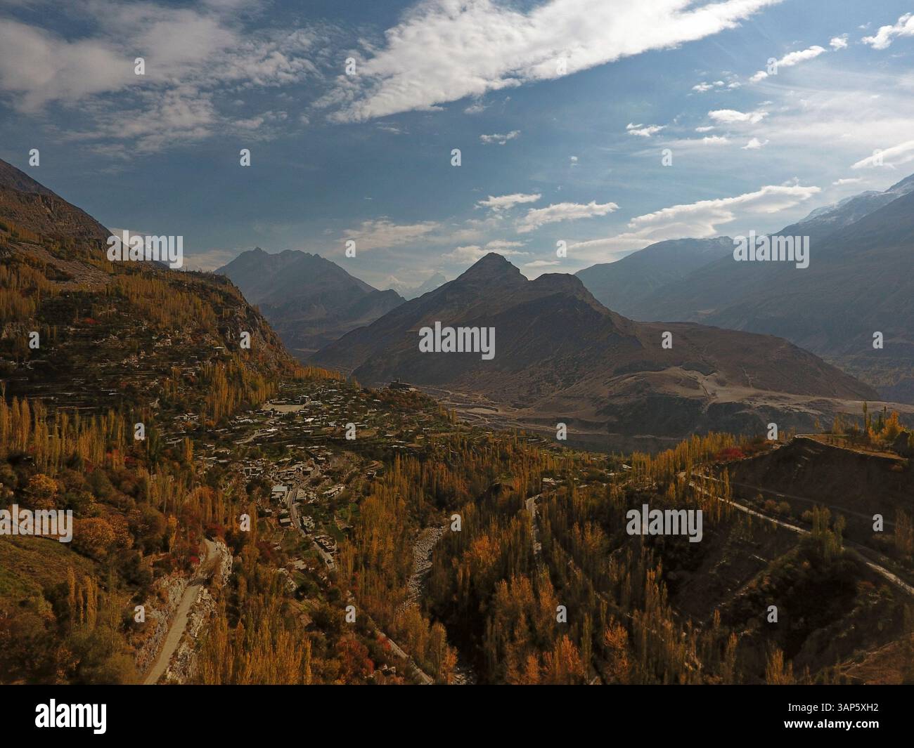 Aerial view of Majestic Himalayan Mountains and Tranquil Hopar Valley ...