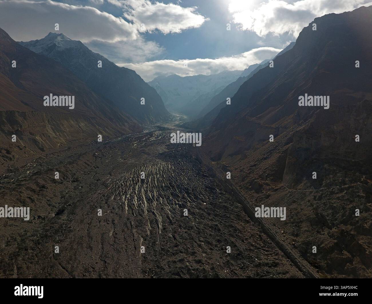 Aerial view of majestic Hopar Valley and Nagar Valley with rugged mountains and glacier, Gilgit ...