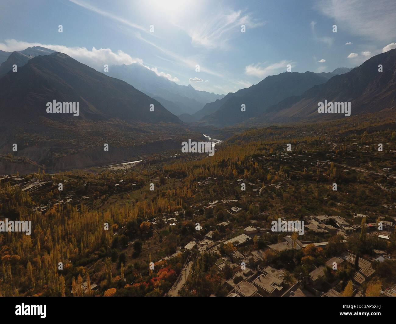 Aerial view of majestic Hunza Valley with river, forest, village, and ...