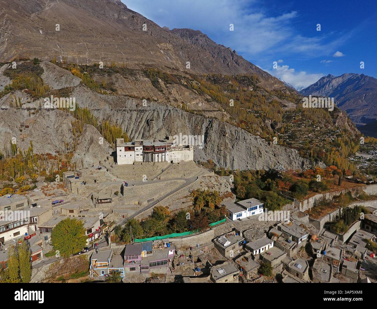 Aerial view of Hunza Valley with Baltit Fort and majestic mountains ...